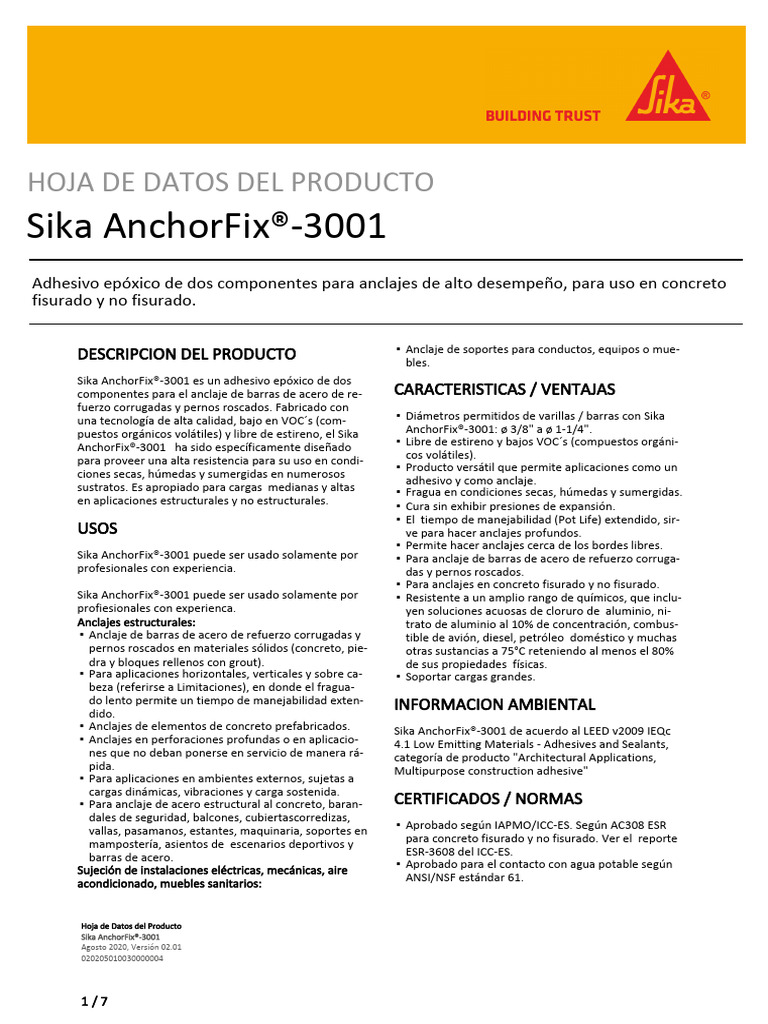 Sika Anchorfix 3001 | PDF | Perforación | Hormigón