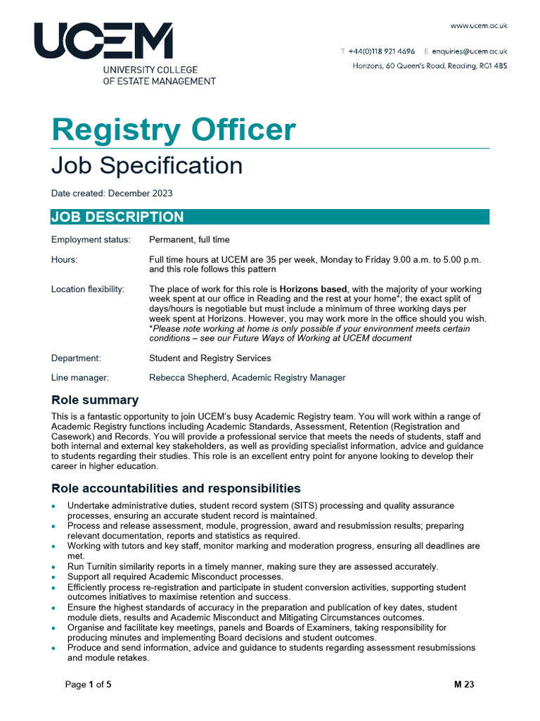 Registry Officer Job Specification | PDF | Recruitment | Salary