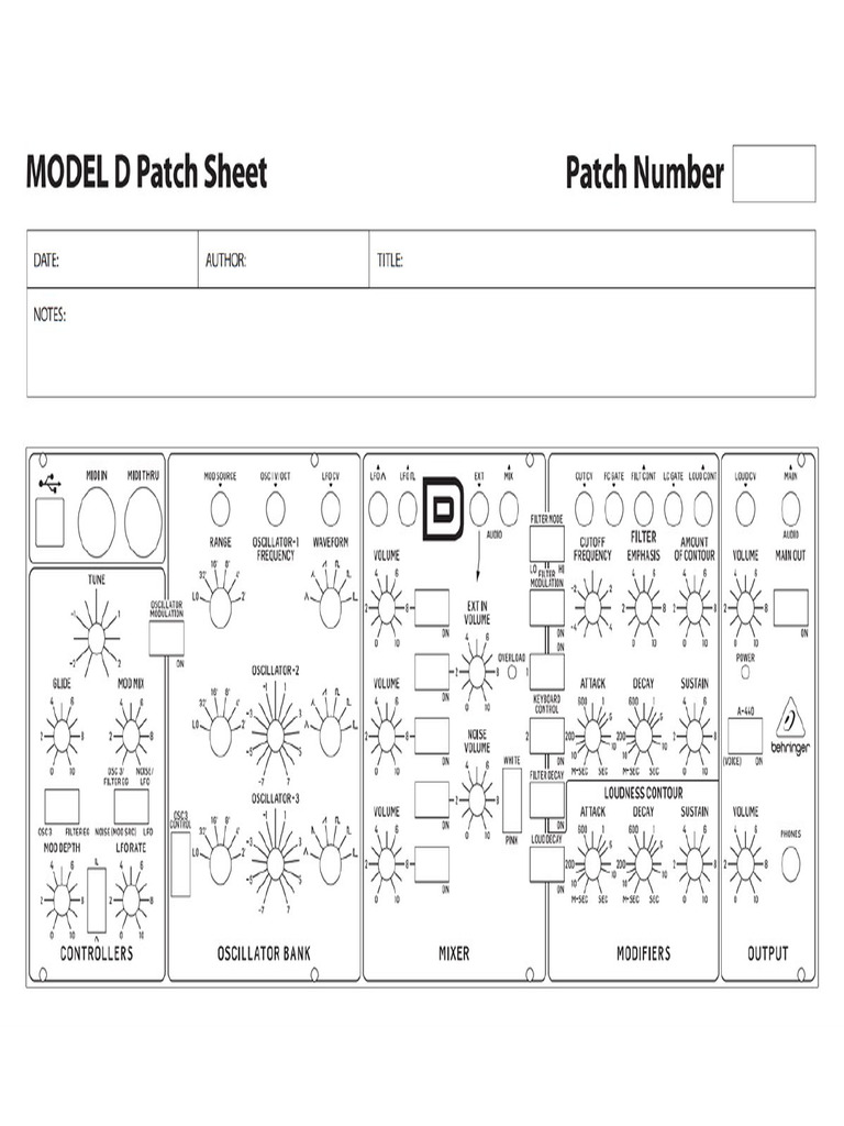 Behringer Model D Patch Sheet | PDF