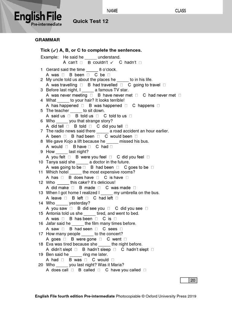 EF4e Preint Quicktest 12 | PDF | Linguistics