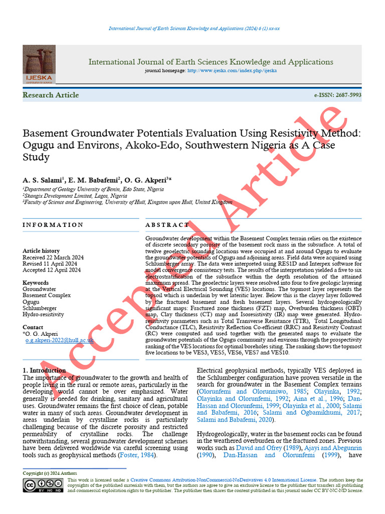 Basement Groundwater Potentials Evaluation Using Resistivity Method ...