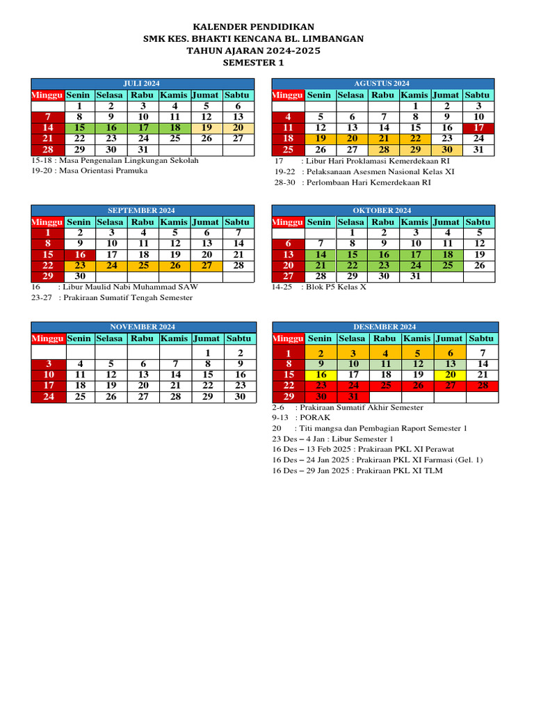 KALENDER PENDIDIKAN SMK BKL 2024-2025 | PDF
