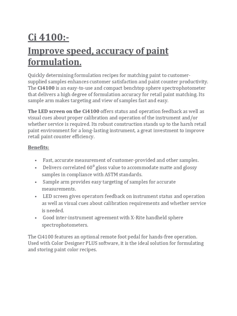 Ci4100: Accurate Paint Formulation Tool | PDF | Spectrophotometry ...