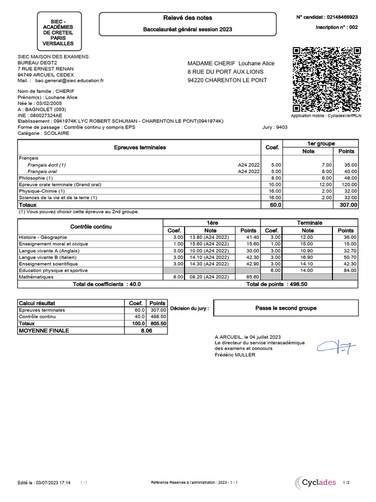 Releve de Note Bac 2023 | PDF