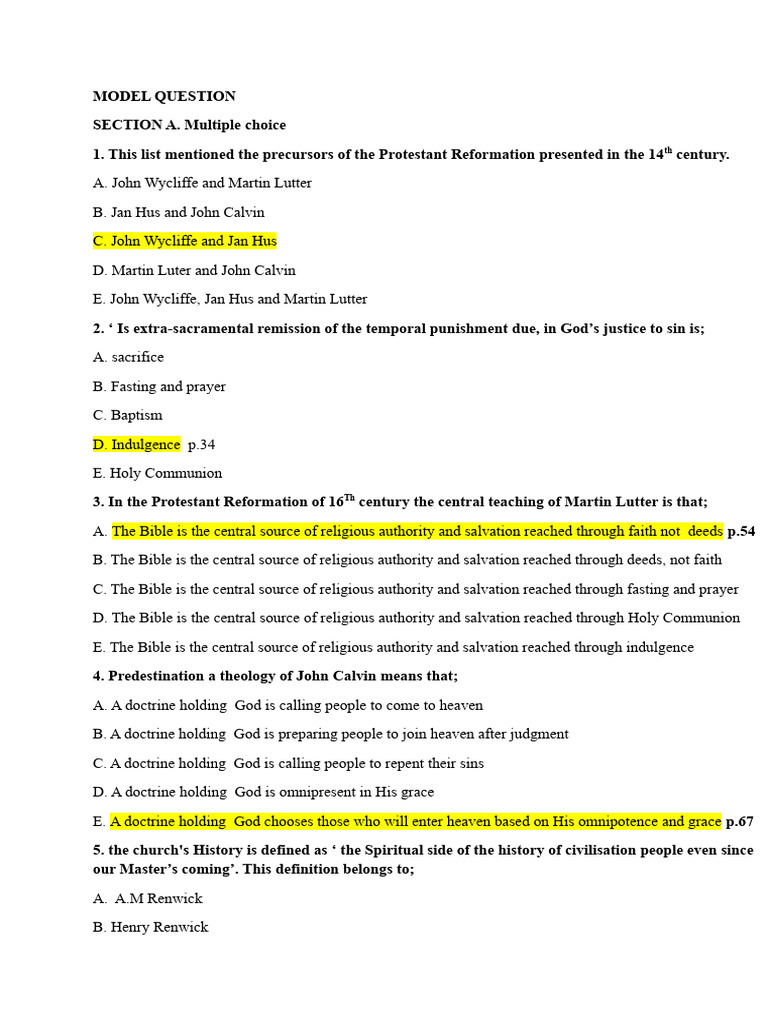 MODEL QUESTION Church History 2 Prposed Answers by Egide Kayitare | PDF ...