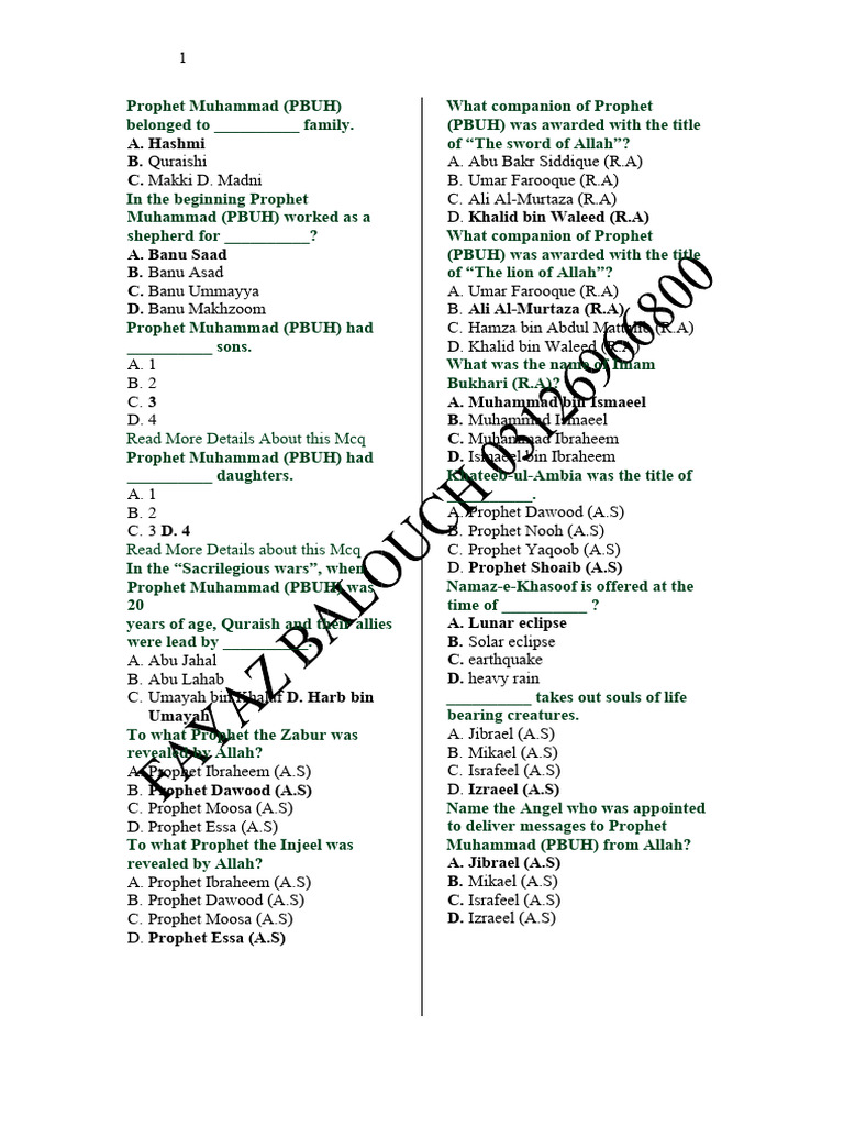Islamic Studies Mcqs | PDF | Muhammad | Umar Islamic Studies Mcqs | PDF | Muhammad | Umar