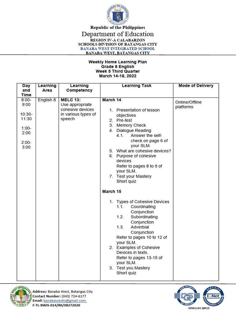 Grade 8 English Learning Plan | PDF | Cognition | Learning