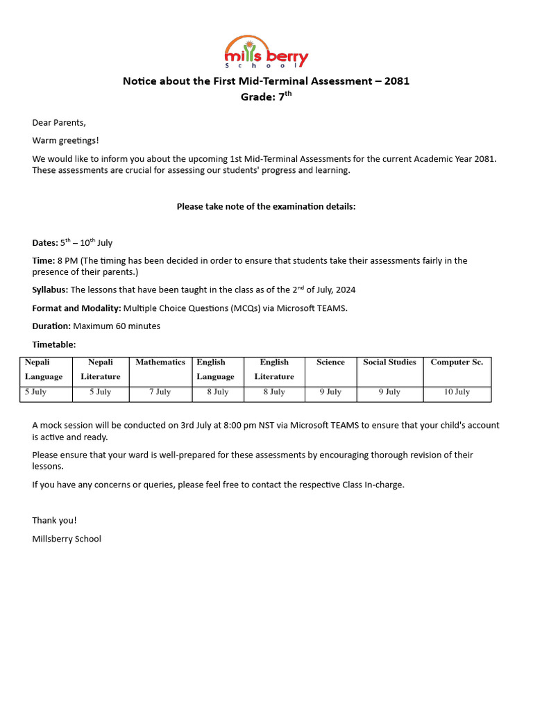 Grade 7 1st Mid Term Schedule | PDF