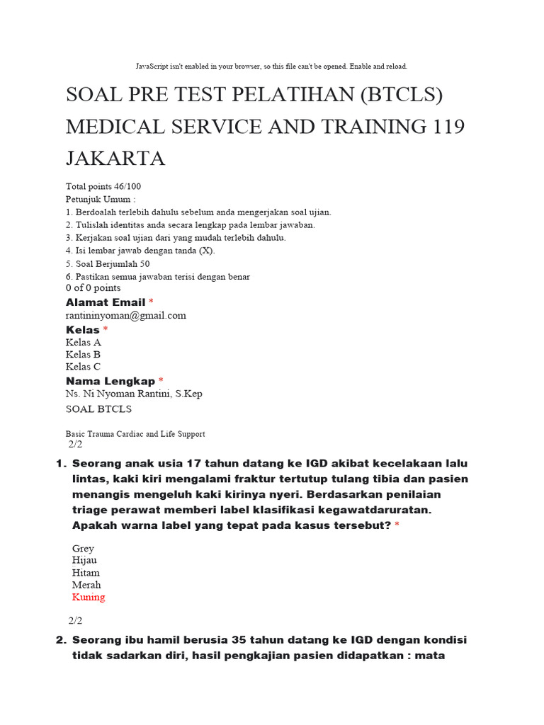 Soal Pre Test Pelatihan (BTCLS) Medical Service and Training 119 ...