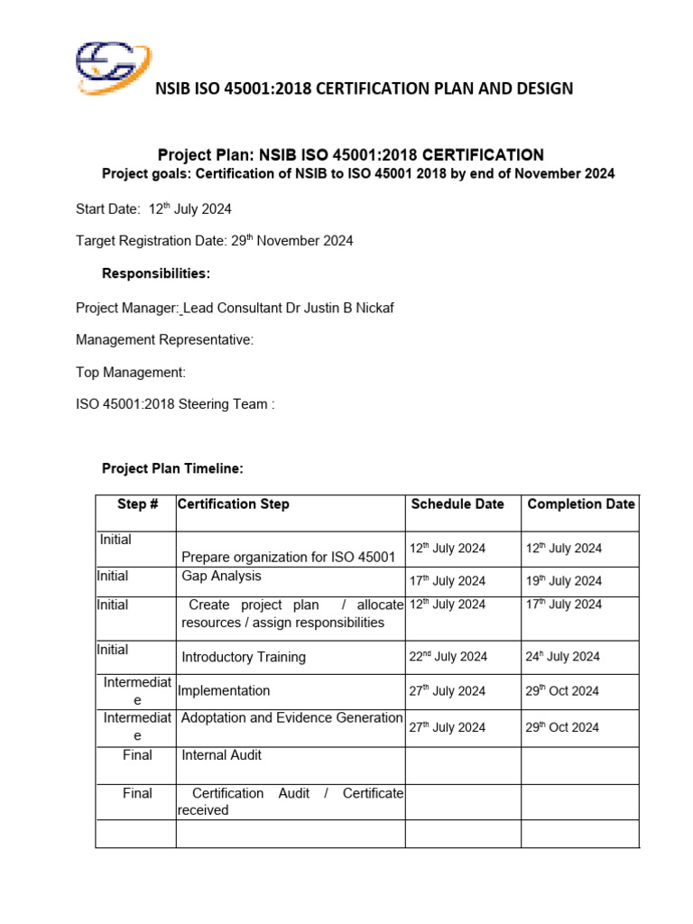 NSIB ISO 45001:2018 Certification Plan | PDF | Consultant | Audit