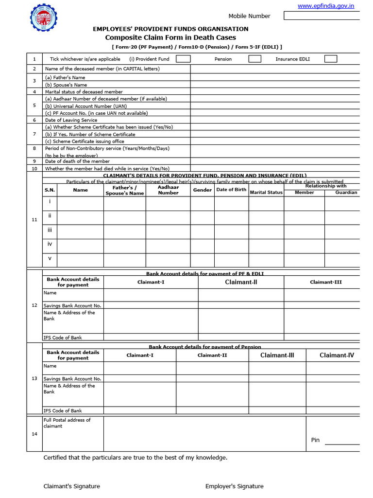 PF Death Case Composite Claim Form No 20,10D & 5IF | PDF | Personal Finance | Financial Services