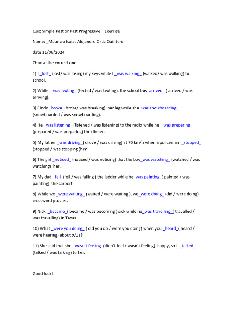 Simple Past or Past Progressive | PDF