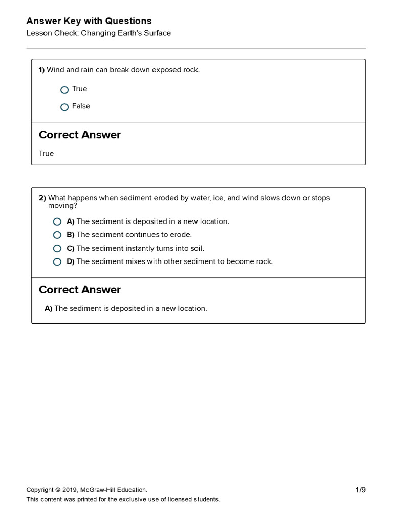 Lesson+Check_Changing+Earth_s+Surface_AK_Answer | PDF | Rock (Geology ...