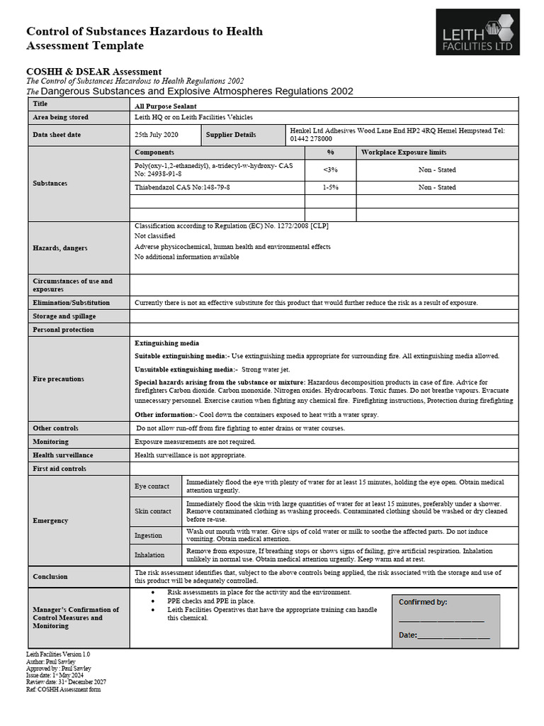 All Purpose Sealant COSHH Assessment Form 2024 | PDF | Occupational ...