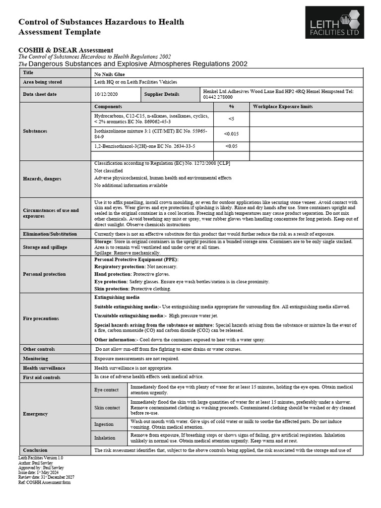 No Nails Glue COSHH Assessment Form 2024 | PDF | Occupational Safety ... No Nails Glue COSHH Assessment Form 2024 | PDF | Occupational Safety ...