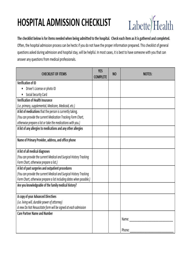 Hospital Admission Checklist Guide | PDF | Hospital | Surgery