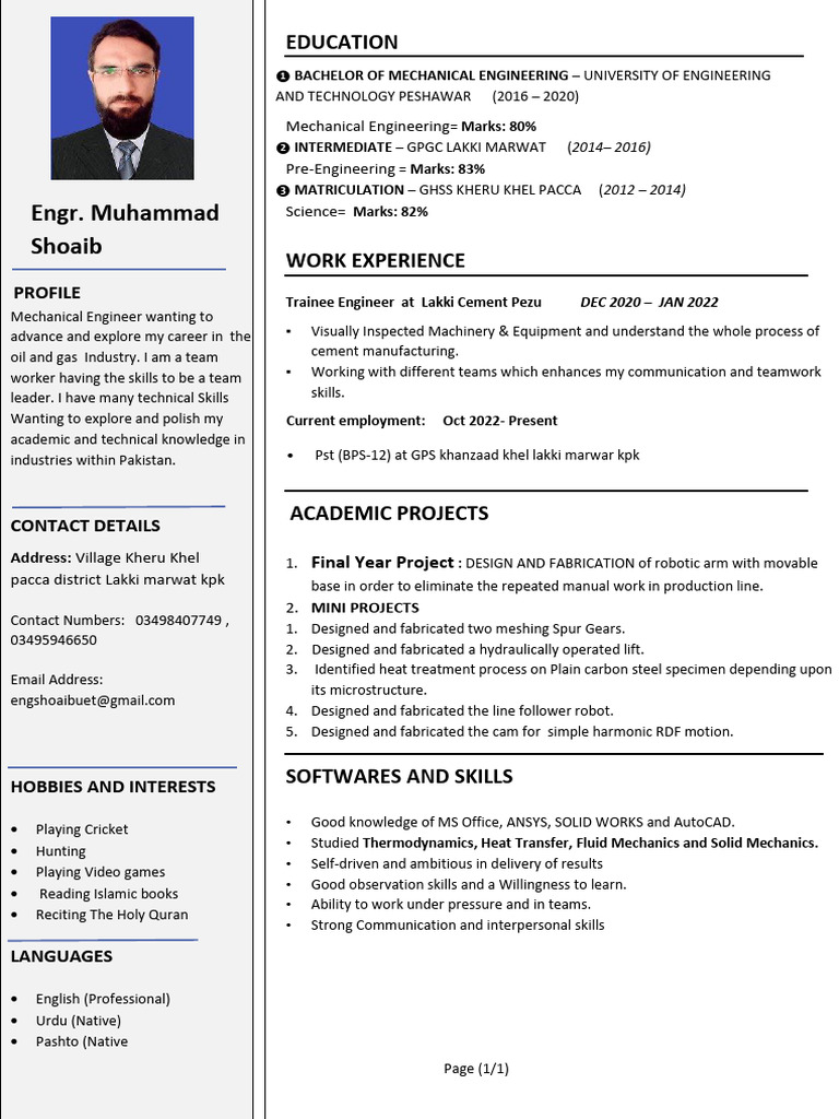 CV Shoaib Marwat | PDF | Mechanical Engineering | Applied And ...