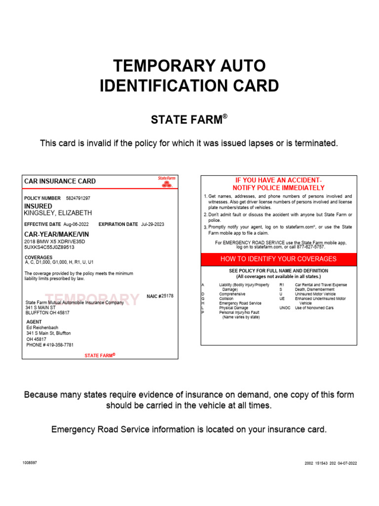 Temporary Ins Card State Farm KINGSLEY, ELIZABETH | PDF | Vehicle ...