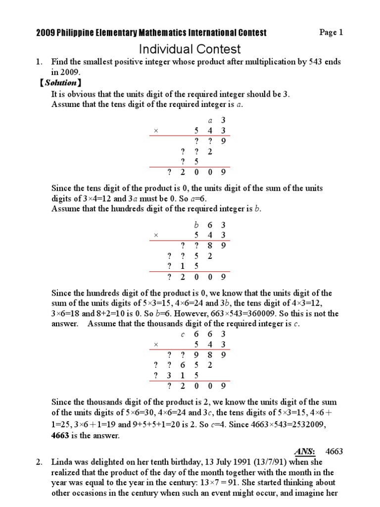 Philippine International Mathematics Competition 2009, Individual ...