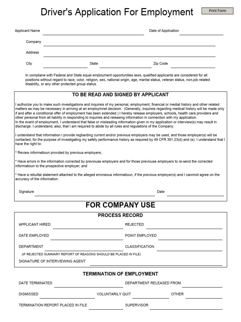 Driver Employment Application Form | PDF | Transport