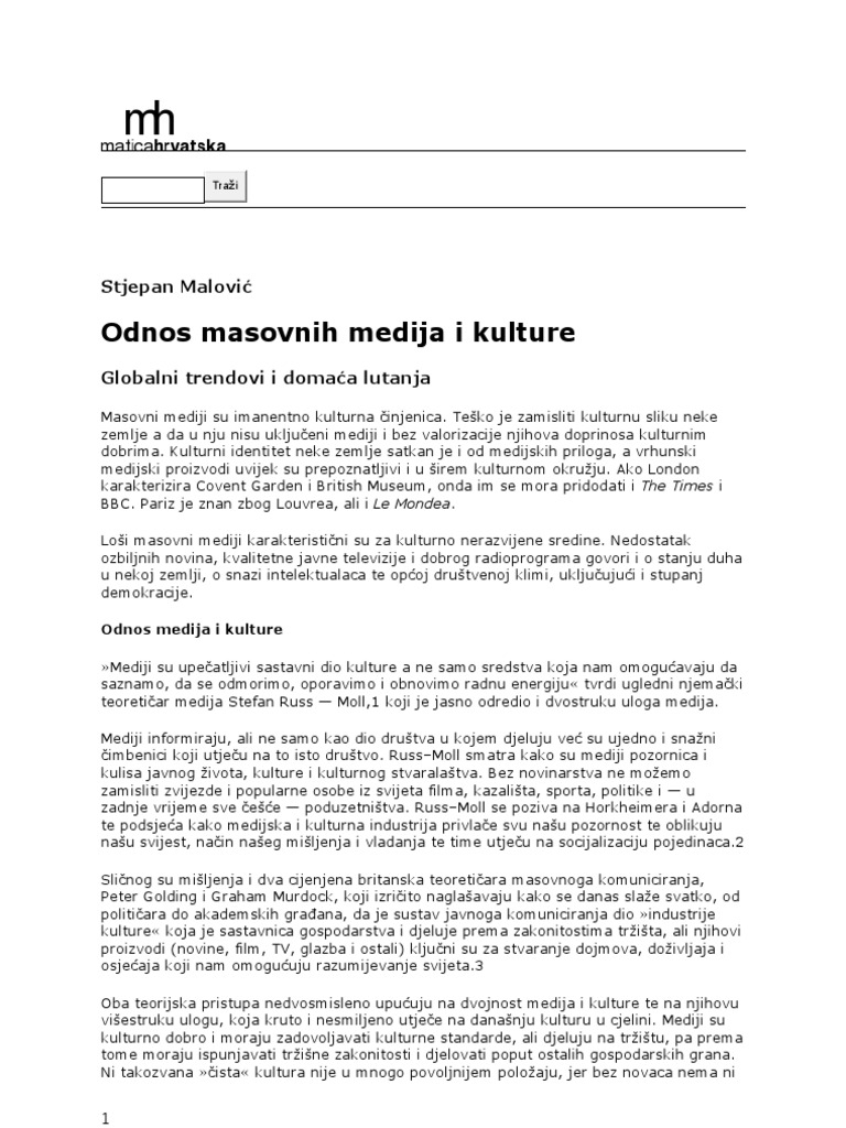 Masovni Mediji I Kultura | PDF