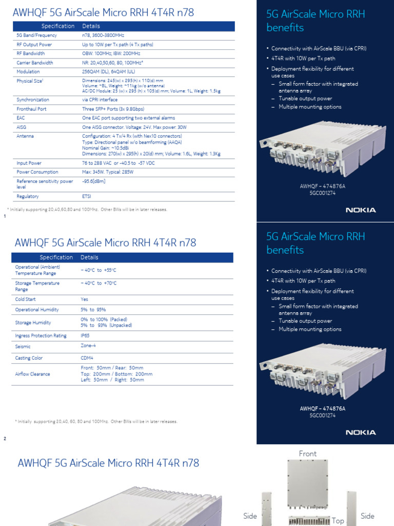 AWHQF 5G Micro RRH n78 40W Spec Sheet.V1.1 | PDF | Information And Communications Technology ...