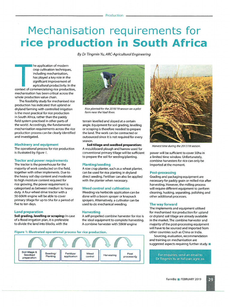 Mechanisation Requirements For Rice Production in South Africa | PDF