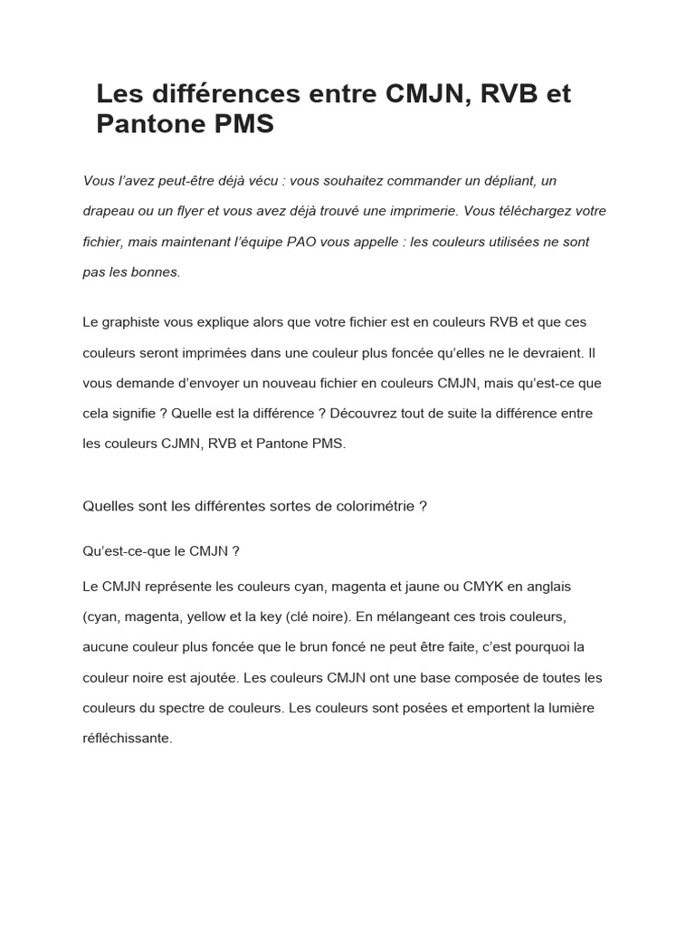 Différences entre CMJN, RVB et Pantone | PDF | Impression | Modèle de ...