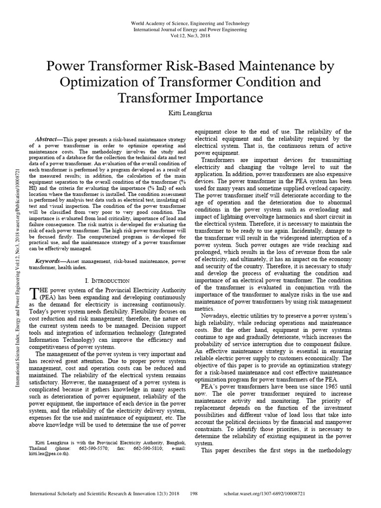 Power Transformer Risk-Based Maintenance by Optimization of Transformer Condition and ...