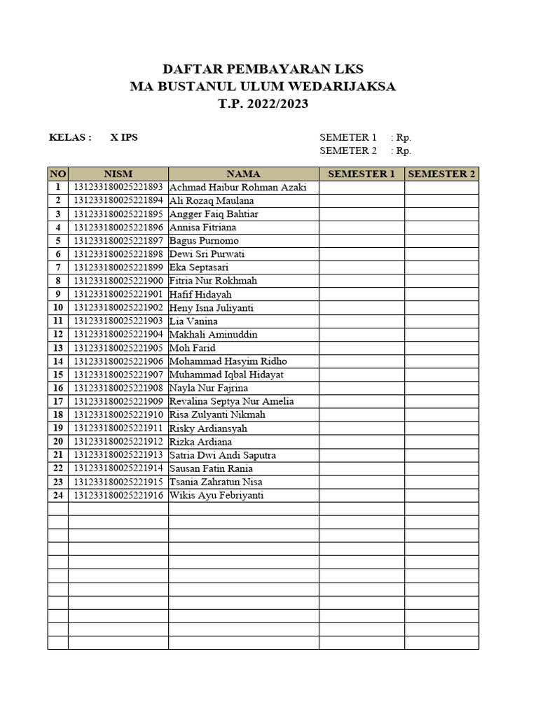 Daftar Pembayaran LKS SMT 1, 2 | PDF
