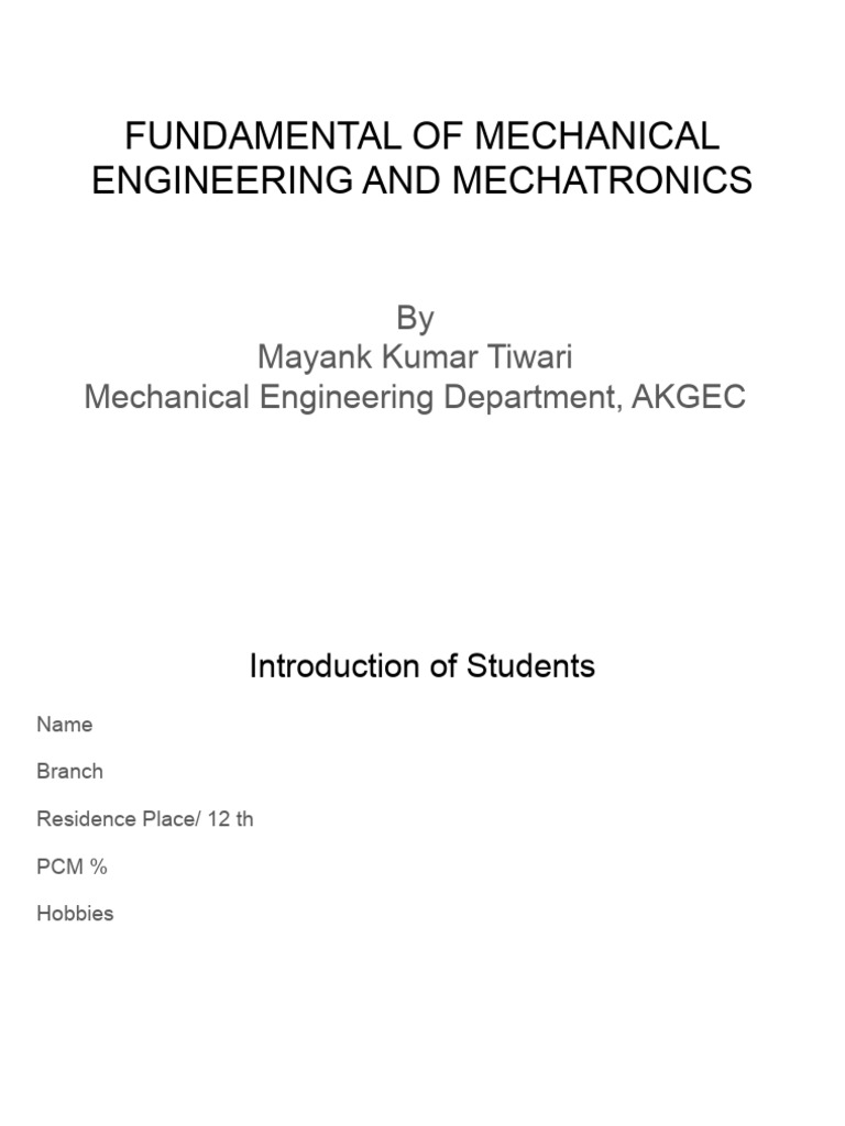 FUNDAMENTAL OF MECHANICAL ENGINEERING AND MECHATRONICS | PDF ...