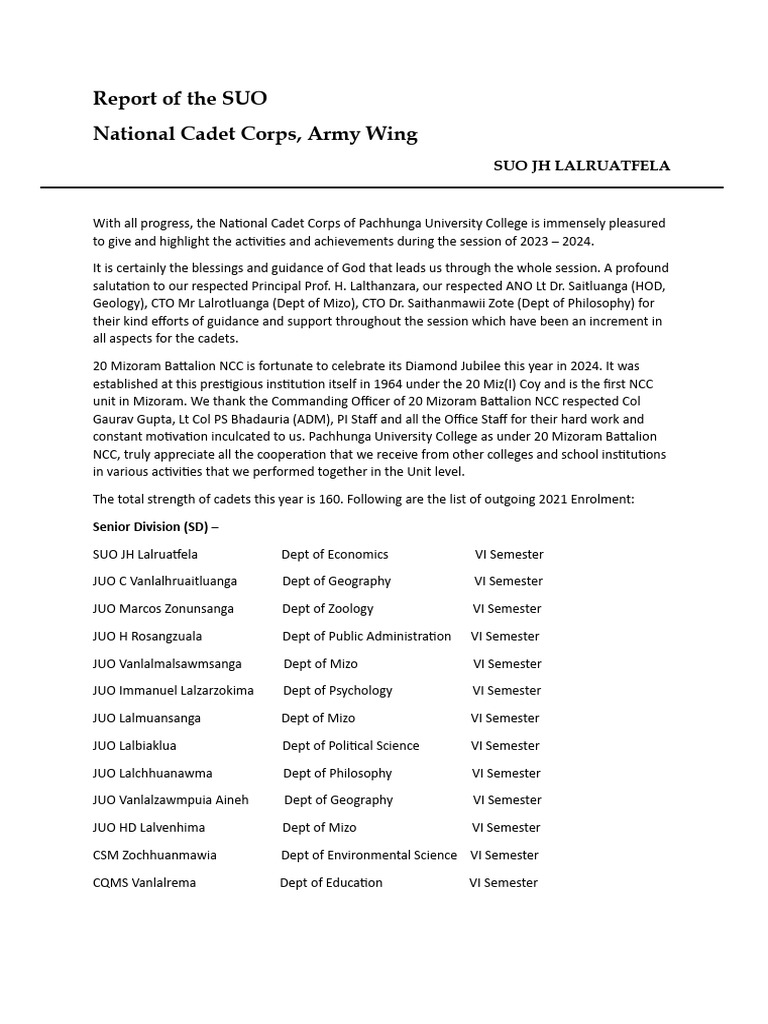 Report of The SUO (2023 - 24), NCC ARMY WING | PDF | Corporal ...