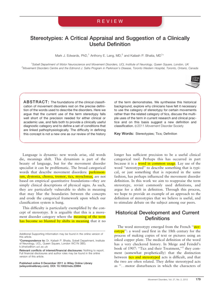Stereotypies: A Critical Appraisal and Suggestion of A Clinically ...