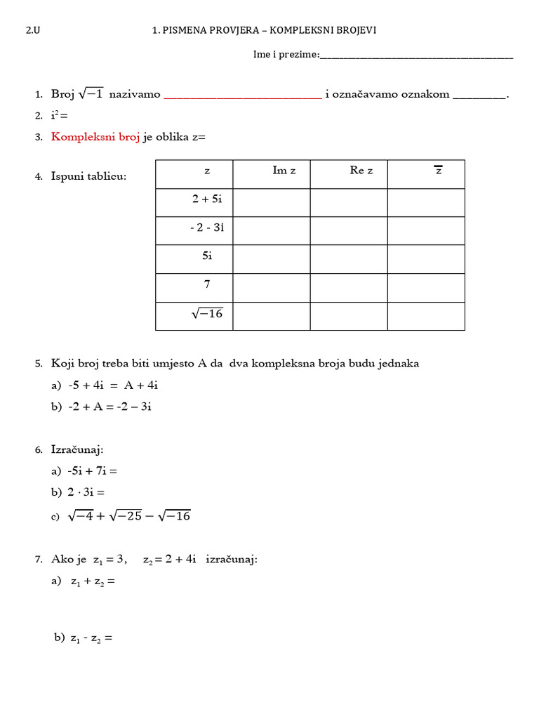 ISPIT 2U Kompleksni Brojevi | PDF