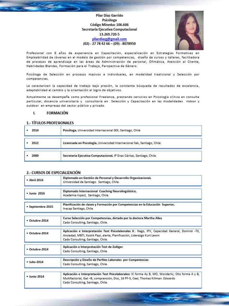 CV. Pilar Díaz Garrido | PDF | Sicología | Chile