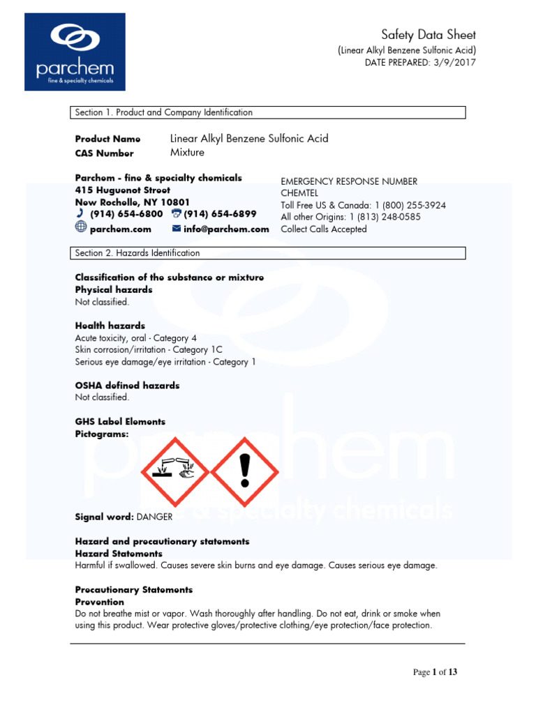 Ghs Linear Alkyl Benzene Sulfonic Acid Msds | PDF | Toxicity ...