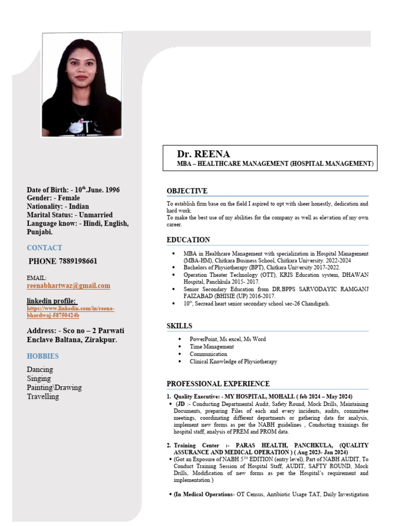 Dr. REENA RESUME Final | PDF | Physical Therapy | Health Care