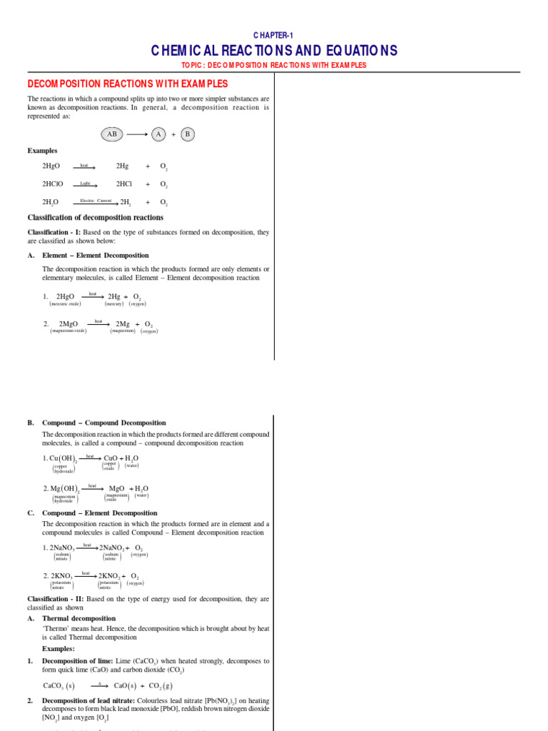 Decomposition Reactions With Examples - Ic18193 | PDF | Chemical ...