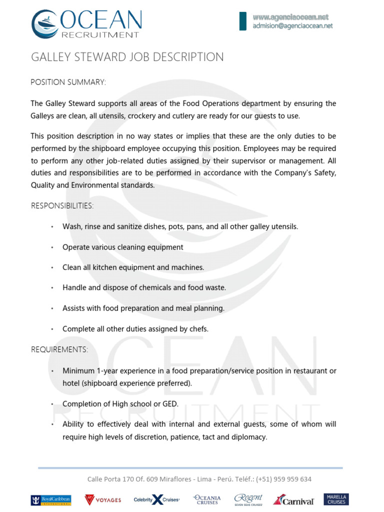 Galley Steward Job Overview | PDF | Visual Perception | Kitchen Utensil