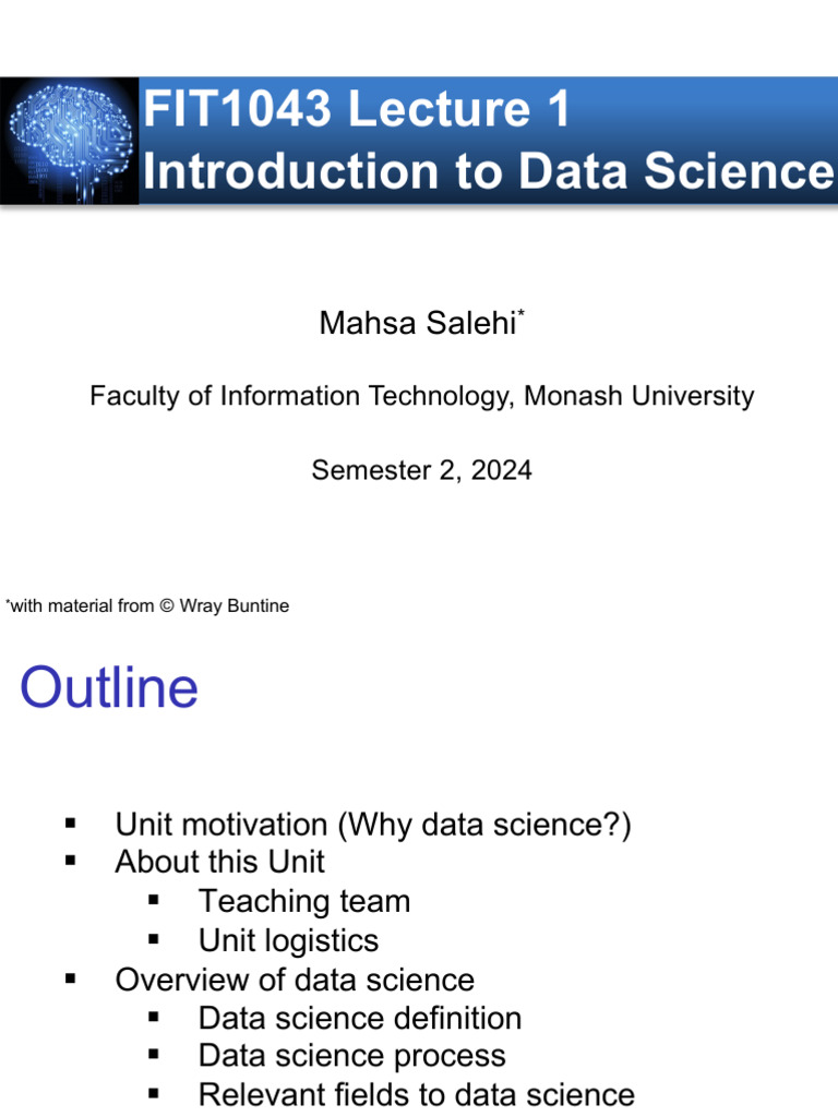 FIT1043 - Lecture 1 - 2024 Data Science | PDF | Data Science | Machine Learning