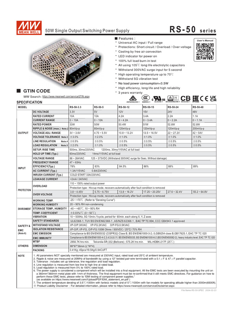 RS-50-spec | PDF | Power (Physics) | Manufactured Goods