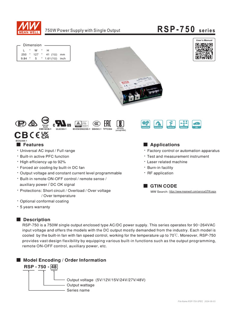 RSP 750 Spec | PDF | Power Supply | Rectifier