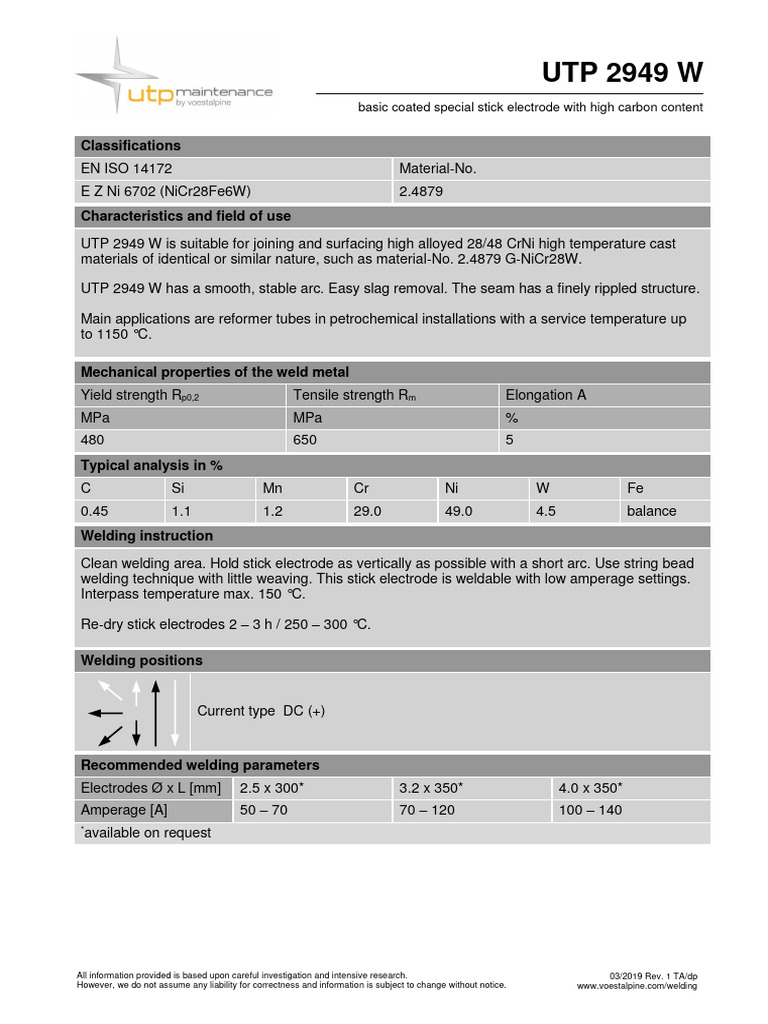 UTP 2949 W High Carbon Stick Electrode | PDF | Welding | Construction