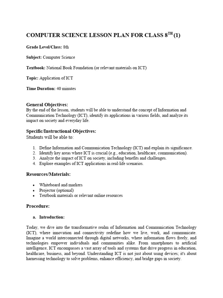 Computer Science Lesson Plan For Class 8TH | PDF | Cybercrime | Educational Technology