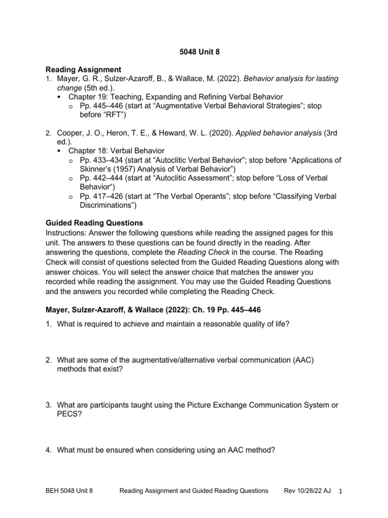 BEH 5048 Unit 8 Reading Assignment-Guided Reading Questions | PDF ...