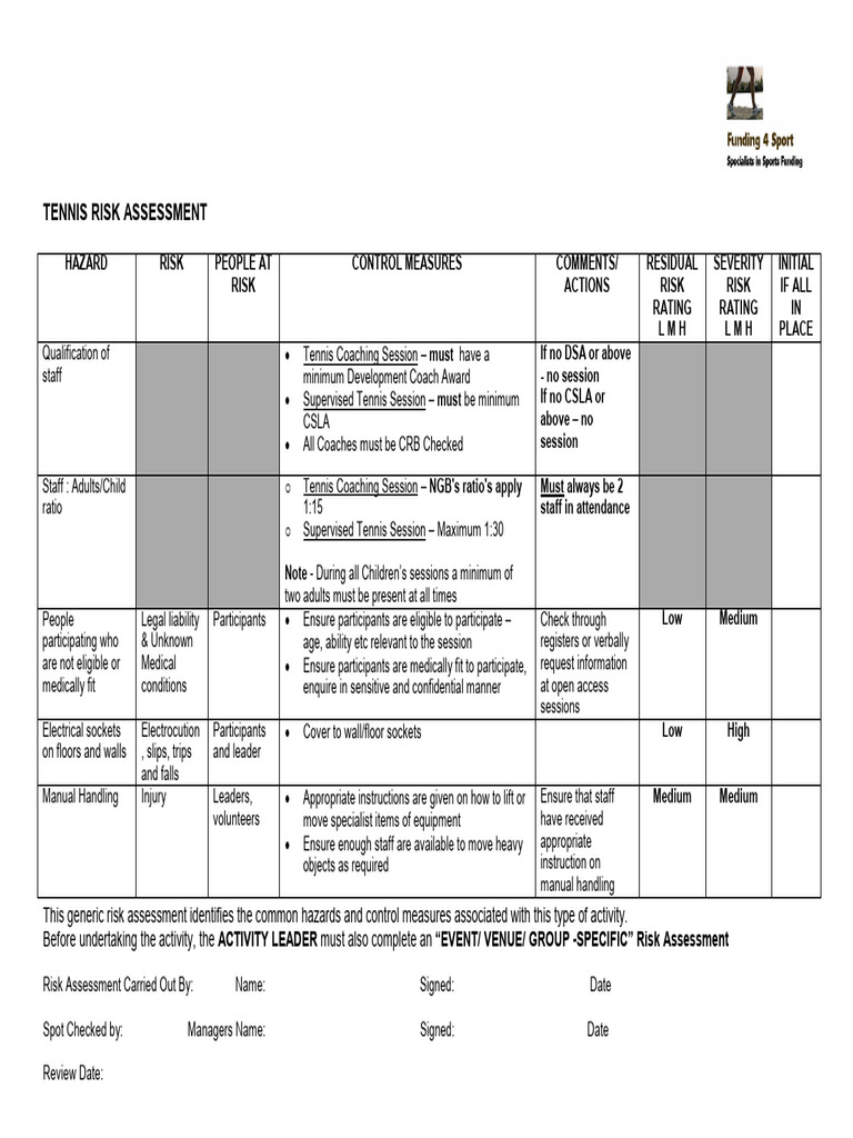 Example Tennis Risk Assessment | PDF | First Aid | Risk Assessment