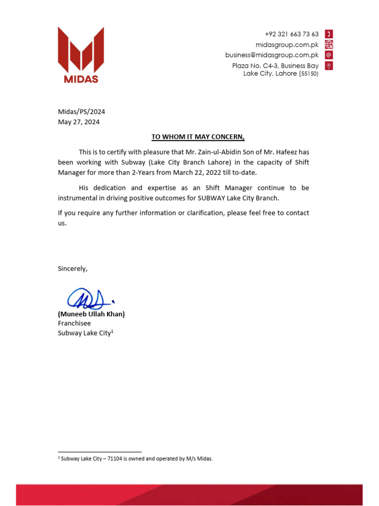 Experience Letter Zain | PDF