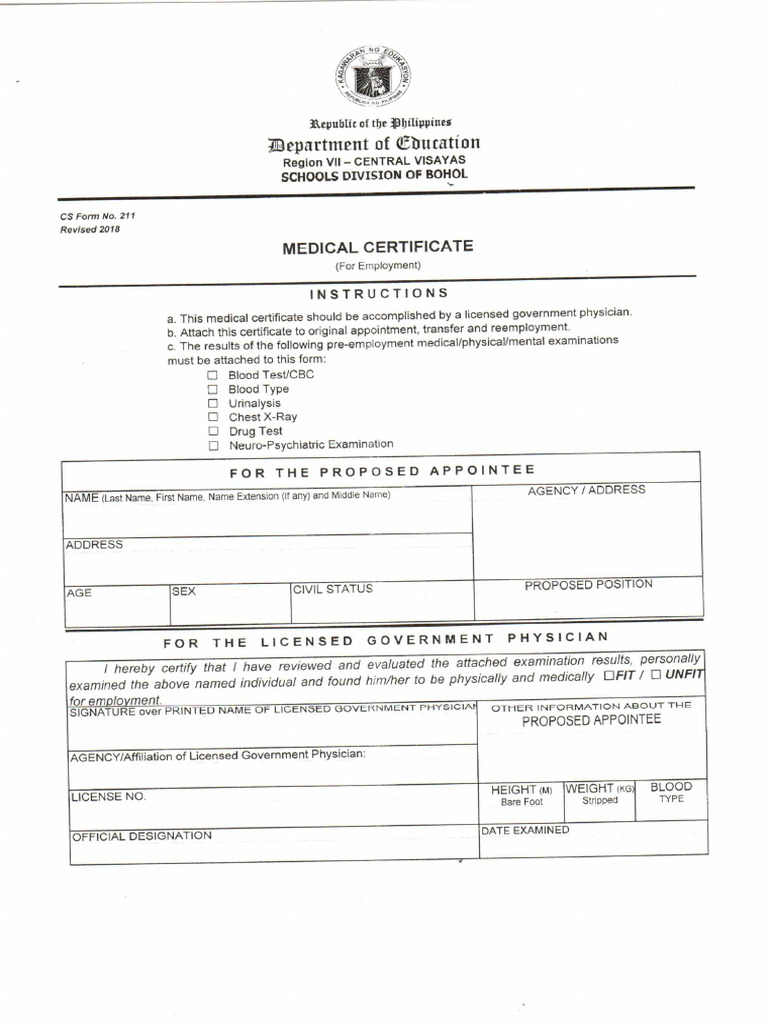 CS Form No. 211 Medical Certificate | PDF