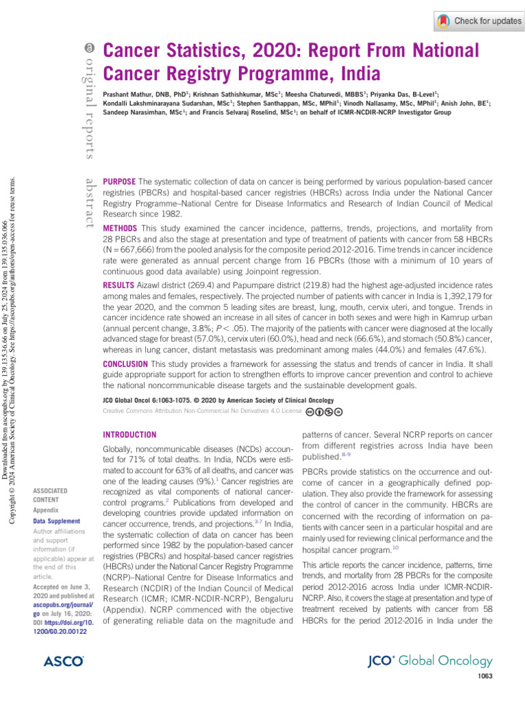 Mathur Et Al 2020 Cancer Statistics 2020 Report From National Cancer Registry Programme India ...
