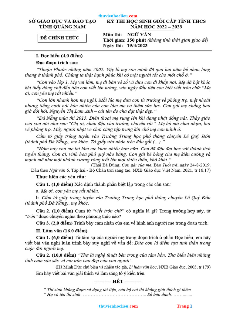 Thuvienhoclieu.com de Thi HSG Ngu Van 9 Quang Nam 22 23 | PDF